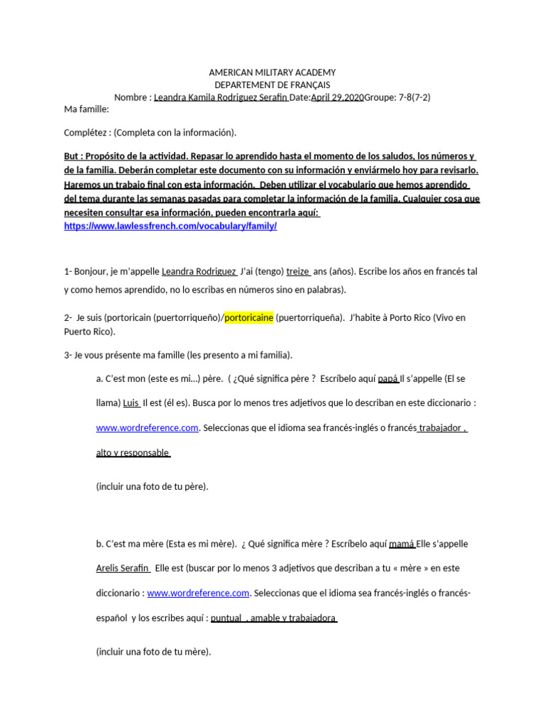 Voici Ma Famille. Assessment 4-21-2020 | PDF