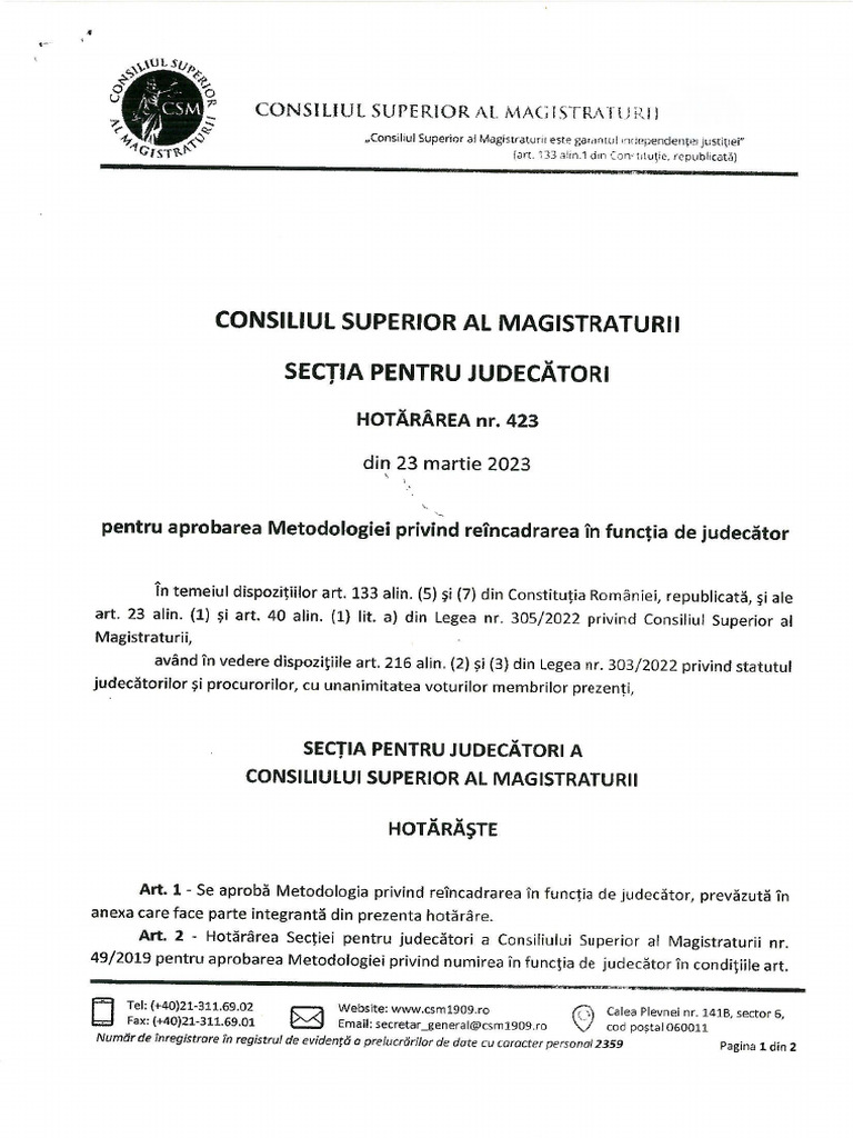 Metodologia Privind Reincadrarea in Functia de Judecator - Aprobata ...