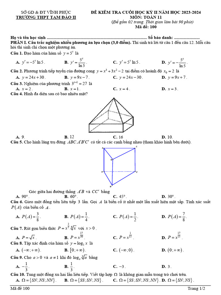 De Cuoi Hoc Ky 2 Toan 11 Nam 2023 2024 Truong Thpt Tam Dao 2 Vinh Phuc 2 | PDF