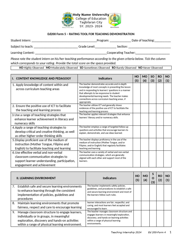 FORM 5 Rating Tool For Teaching Demo 1 | PDF