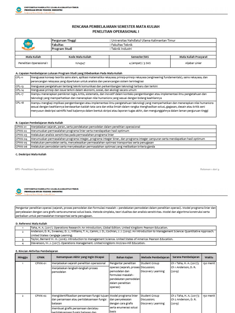 RPS - Penelitian Operasional I | PDF