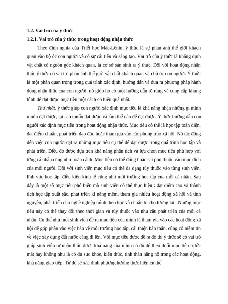 1.2. Vai trò của ý thức 1.2.1. Vai trò của ý thức trong hoạt động nhận thức | PDF