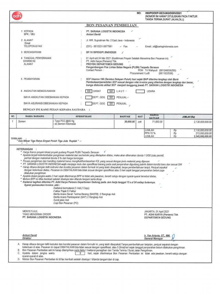 1.1 PO SEMEN PCC PROYEK PLBN NATUNA SERASAN | PDF