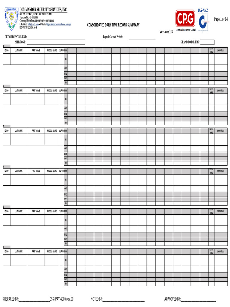 Payroll Official DTR Template Version 1.3 CSSI BLANK FORM | PDF