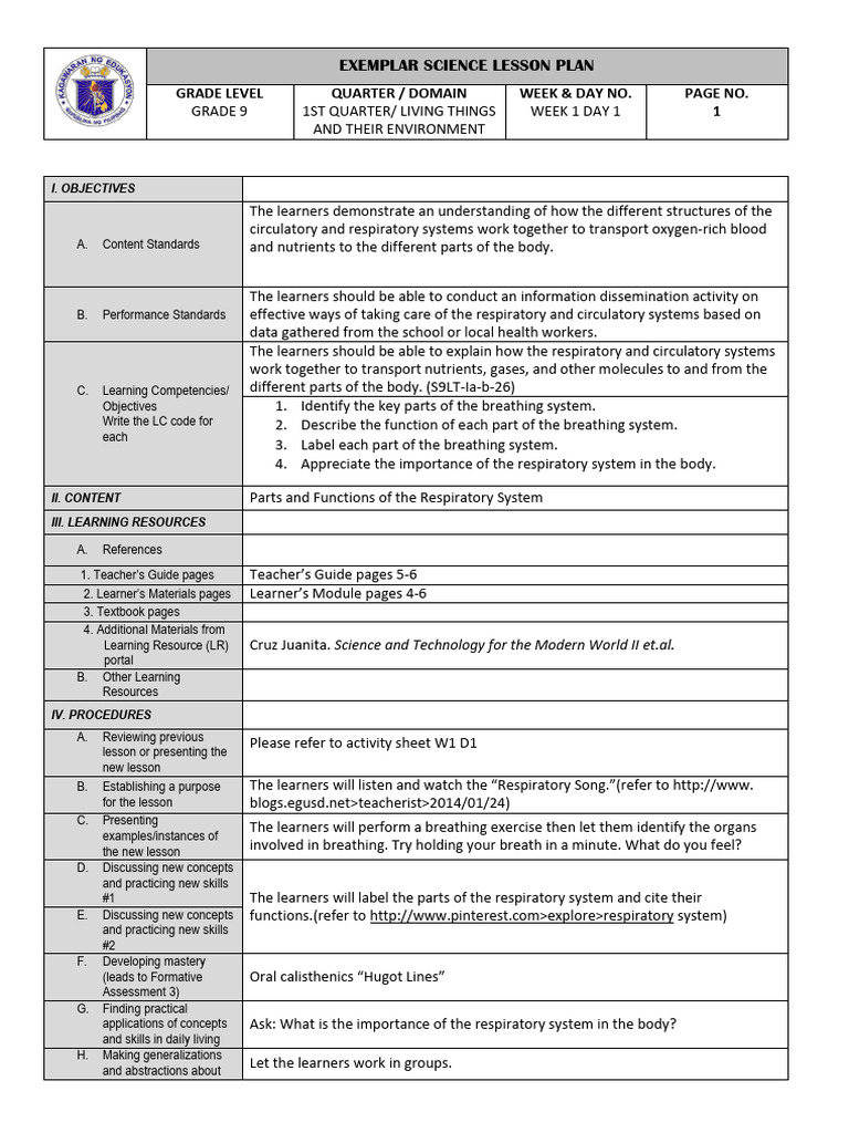 Grade Level Quarter / Domain Week & Day No. Page No. 1: Exemplar ...