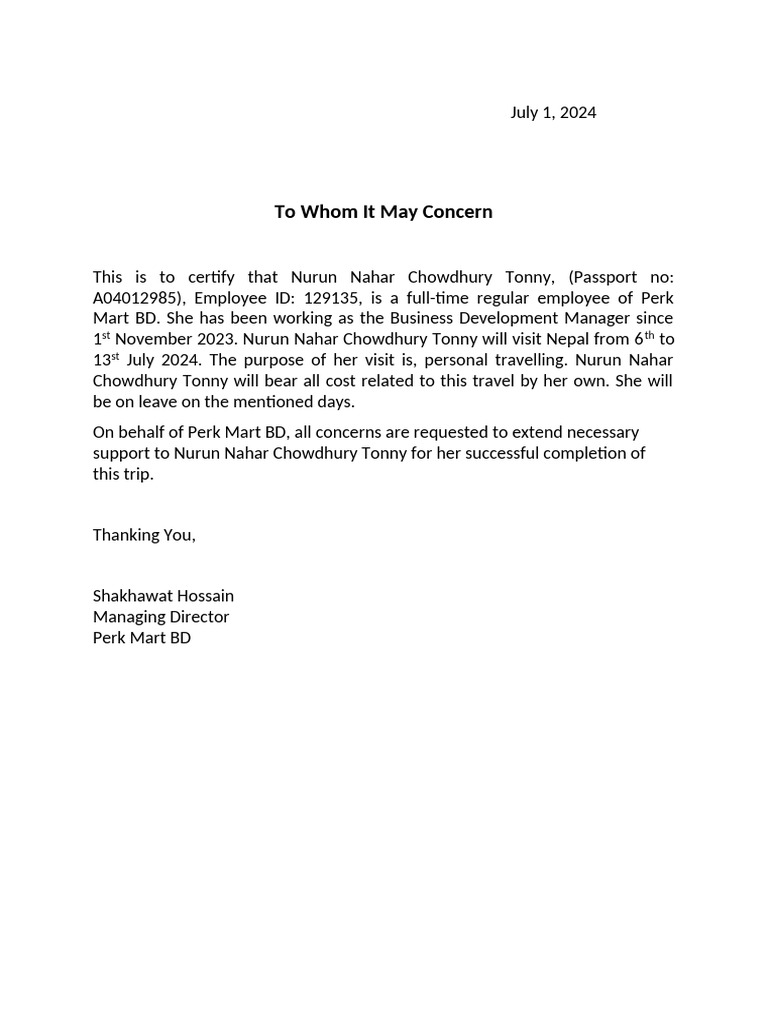 To Whom It May Concern Sarder Tanzir | PDF