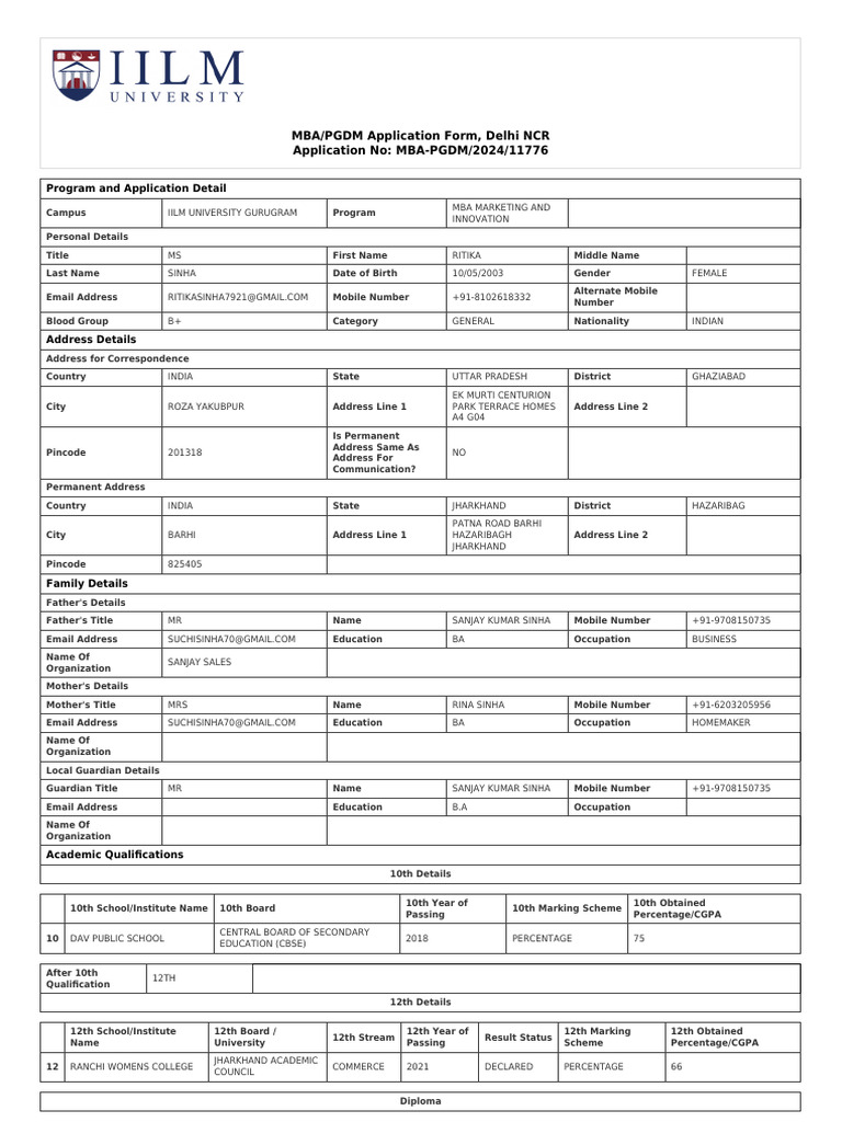 Application Form MBA-PGDM 2024 11776 | PDF