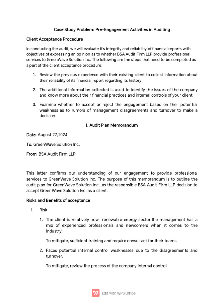 ALEXA JULIA SURBAN - Case Study Problem Pre-Engagement Activities - in - Auditing | PDF