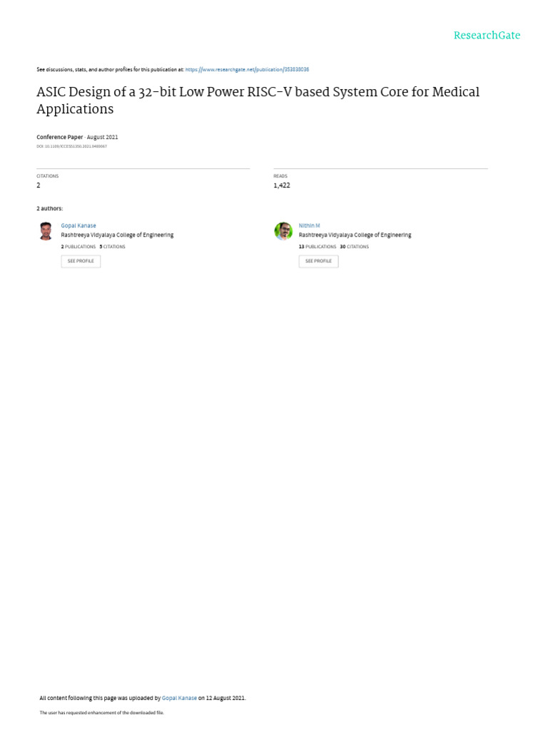 ASIC Design of A 32-Bit Low Power RISC-V Based System Core For Medical Applications | PDF