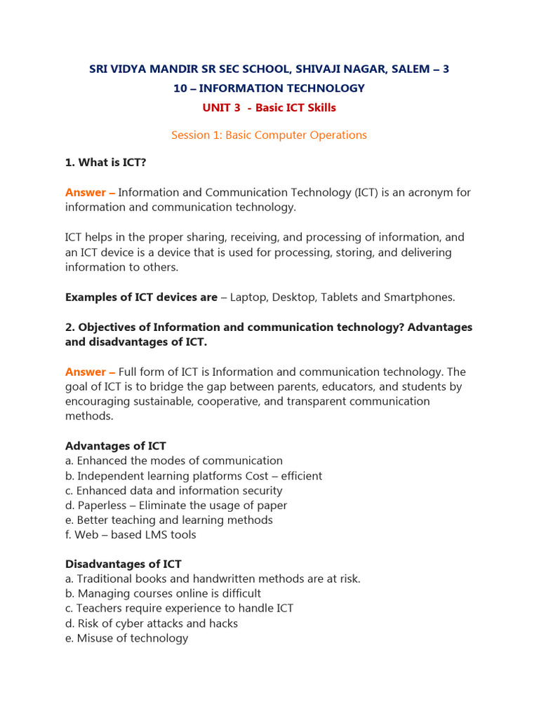 LN - 3 ICT Skills Class 10 Question Answer | PDF