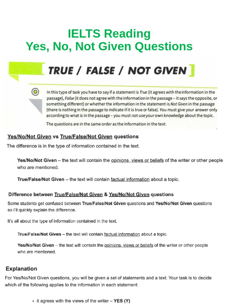 IELTS Reading Yes, No, Not Given Questions | PDF