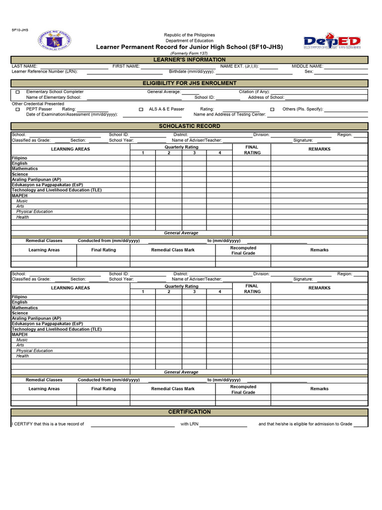 School Form 10 SF10 Learners Permanent Academic Record For Junior High ...
