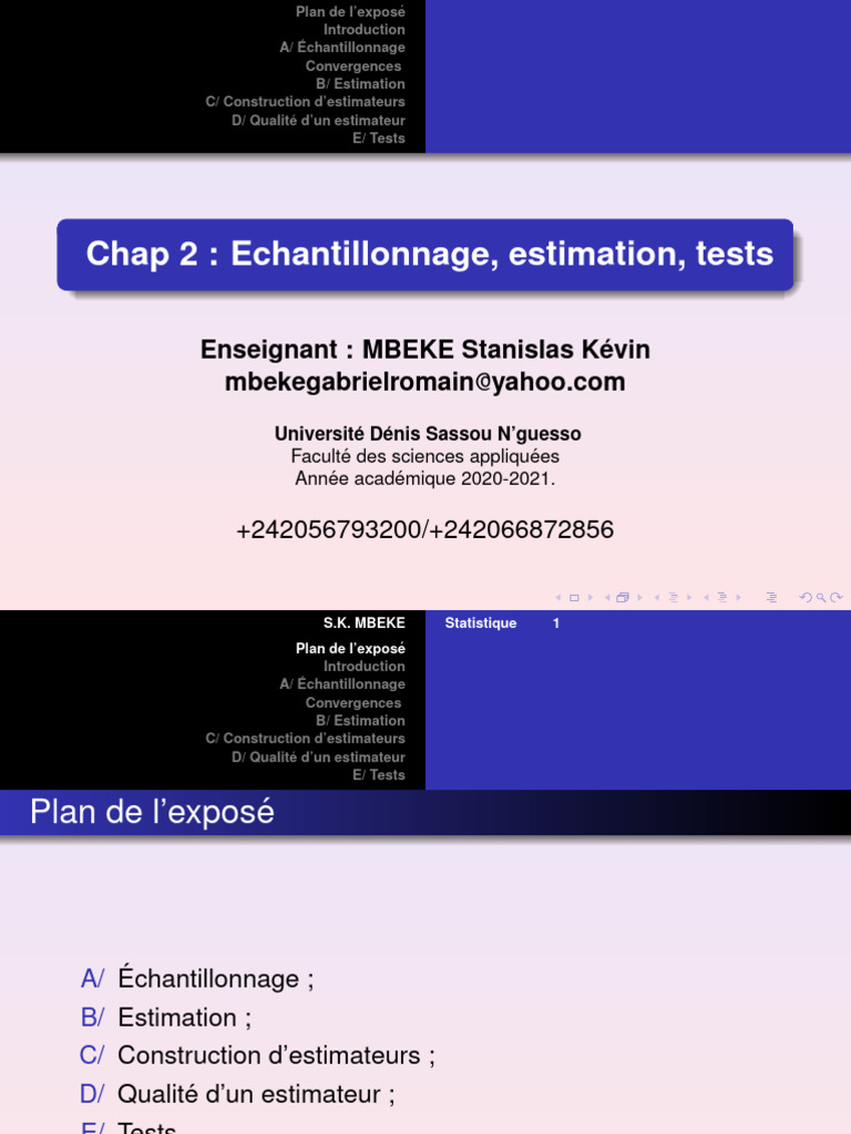 Stat II. Chap 2 Echantillonnage, Estimations, Tests | PDF