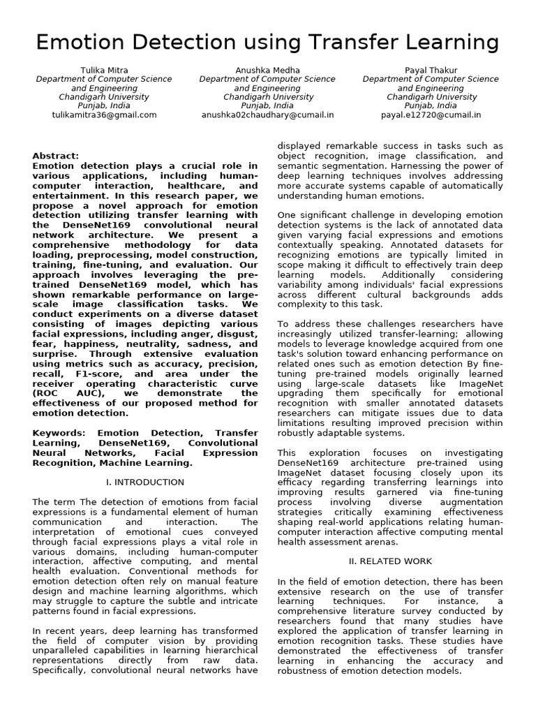 Emotion Detection Using Transfer Learning Res | PDF