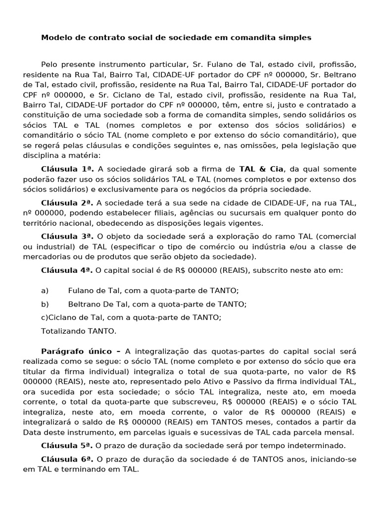 Modelo de Contrato Social de Sociedade em Comandita Simples | PDF