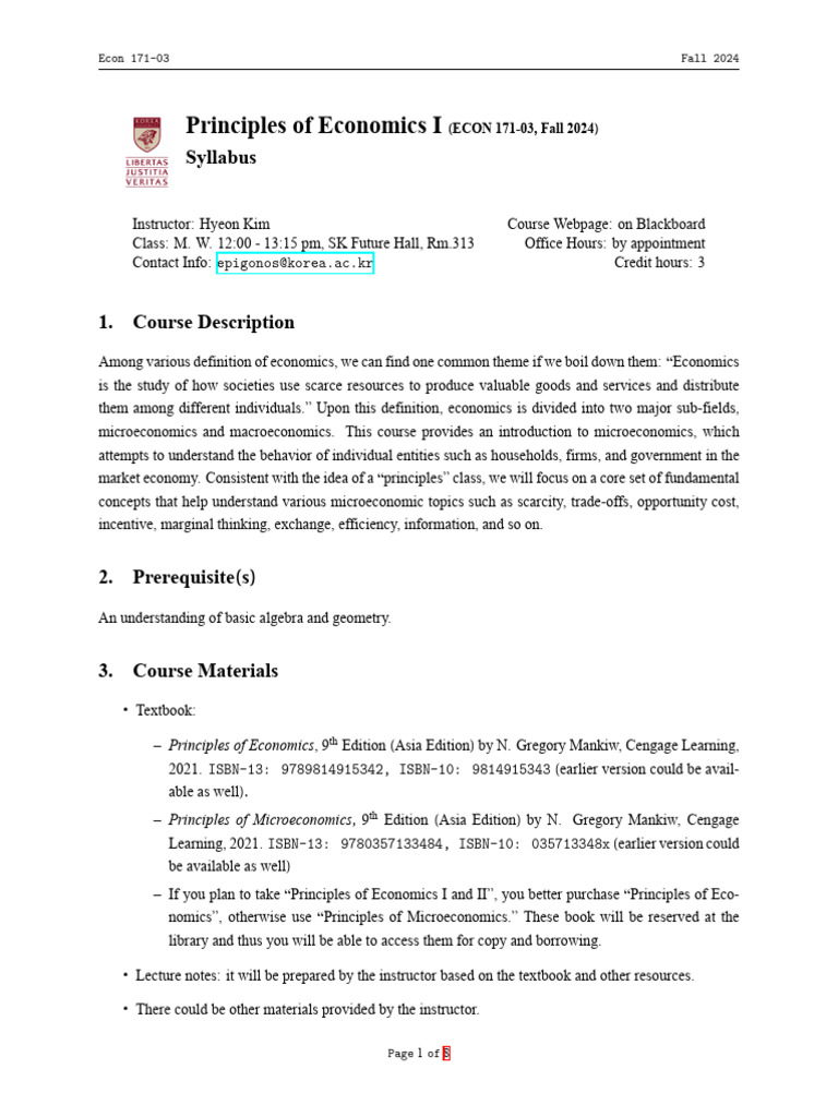 Principles of Economics I: Syllabus | PDF