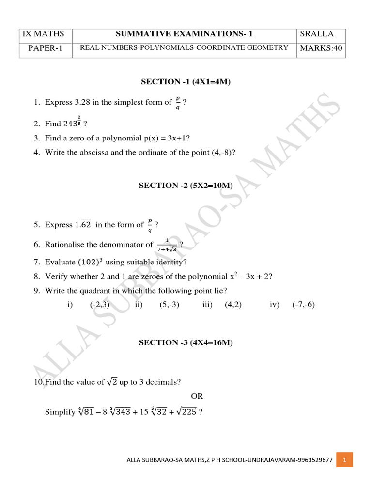 9th class maths paper 1 and 2 two model papers | PDF 9th class maths paper 1 and 2 two model papers | PDF
