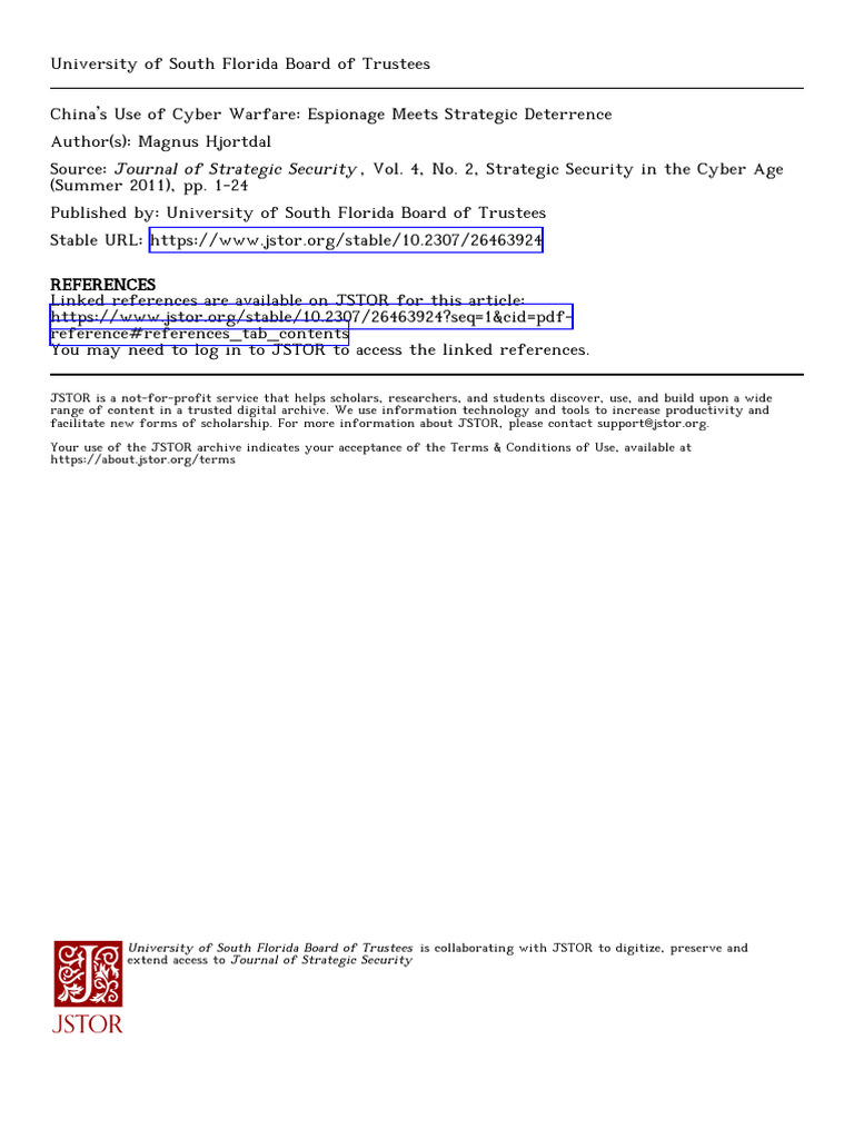 Hjortdal (2011) - China's Use of Cyber Warfare - Espionage Meets Strategic Deterrence | PDF