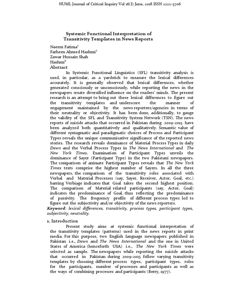 Naeem Fatima Farheen Ahmed Hashmi Zawar Hussain Shah Hashmi (2018) Systemic Functional ...