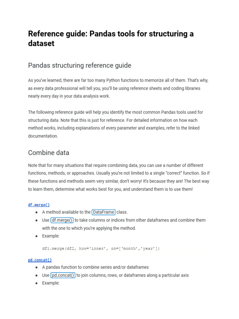 Reference Guide Python Functions For Structuring A Dataset Pdf