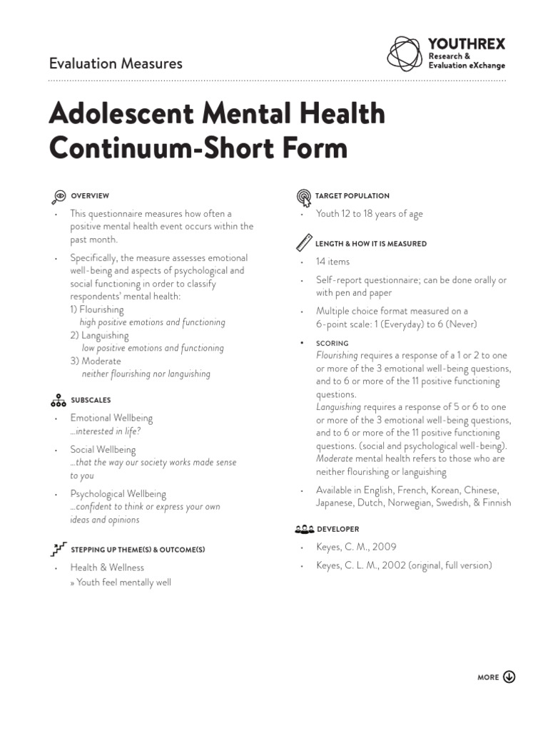 Adolescent Mental Health Continuum Short Form | PDF