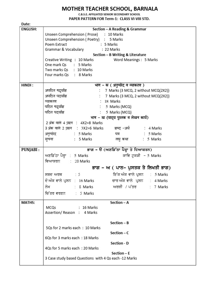Term-1 Paper Pattern (VII-VIII) | PDF