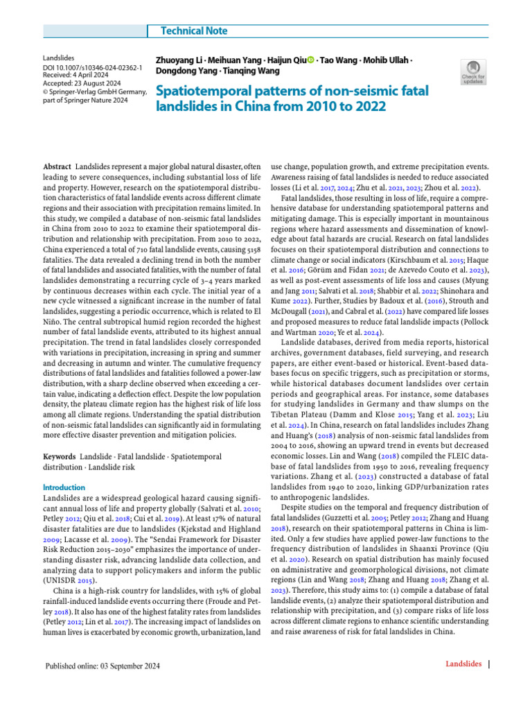 Li Et Al. - 2024 - Spatiotemporal Patterns of Non-Seismic Fatal Landslides in China From 2010 To ...