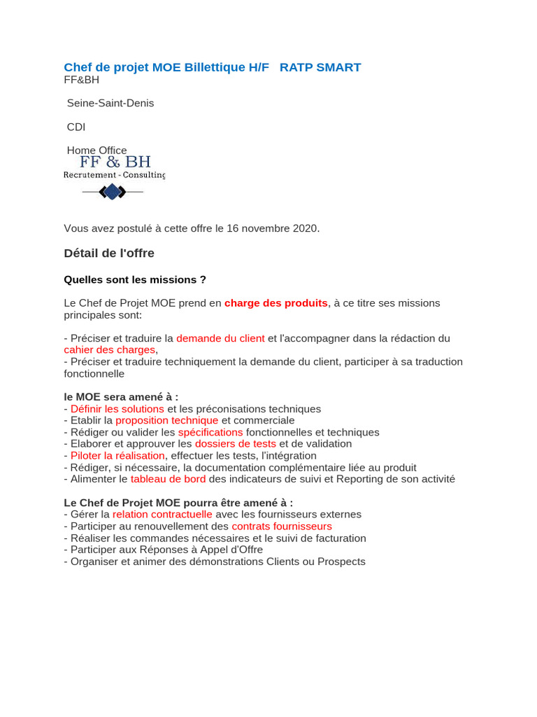 RATP - Chef de Projet MOE Billetique | PDF