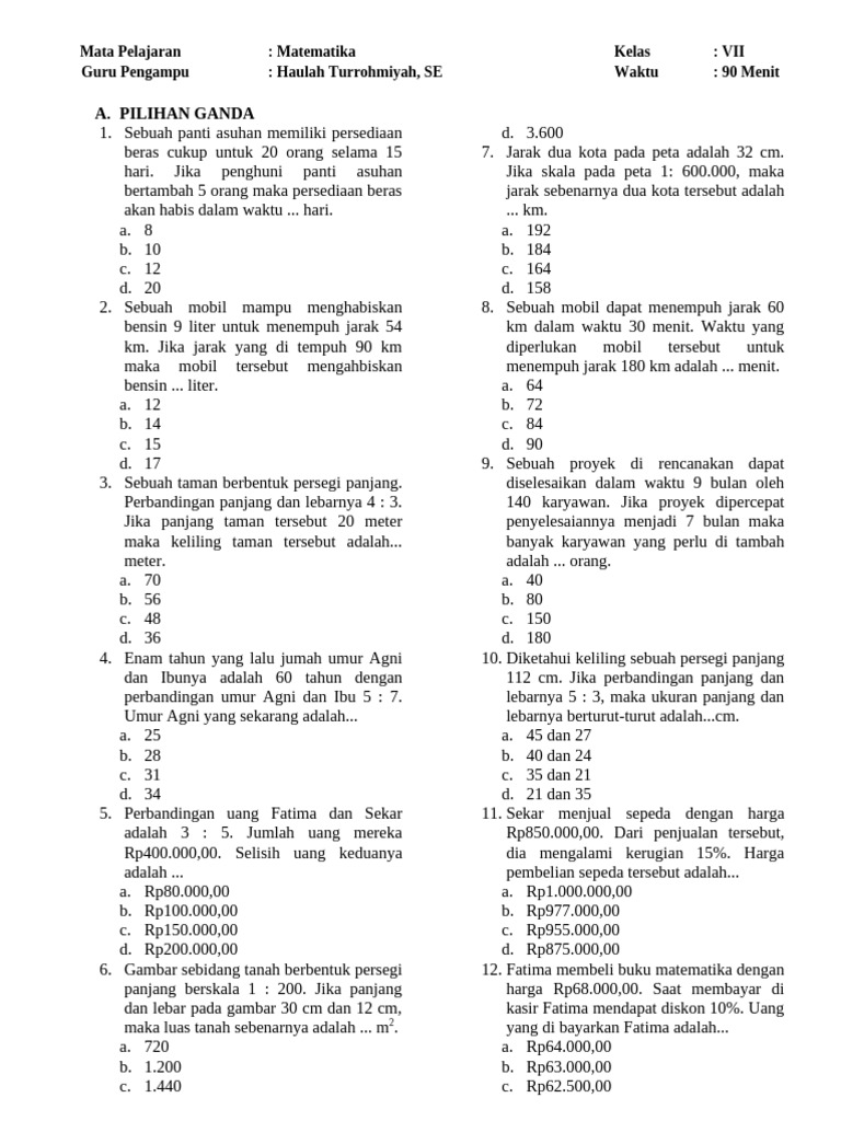 SOAL MTK KELAS 7 MTS 2023 genap alazhar | PDF