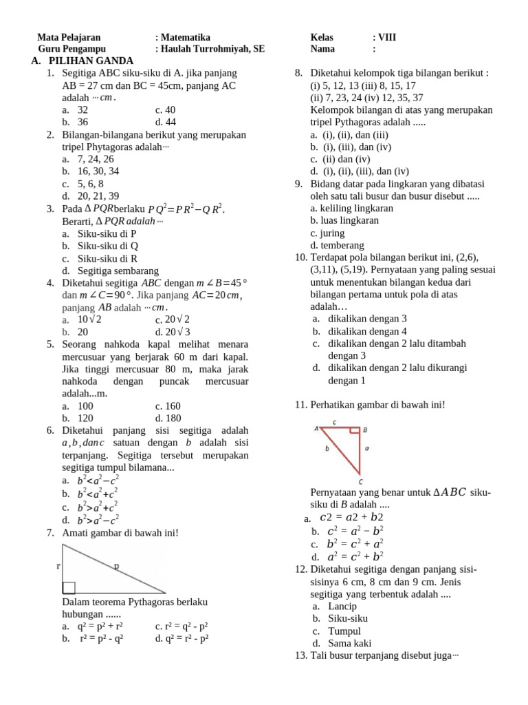 Soal MTK Kls 8 2023 Genap Alazhar | PDF