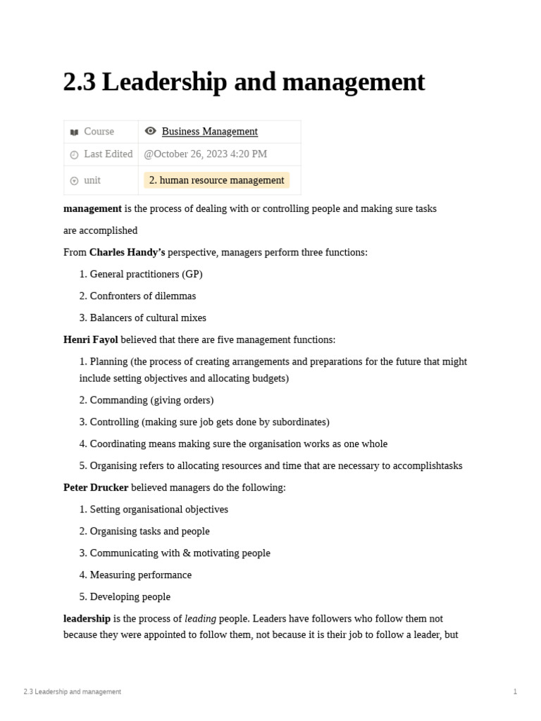 Ib BM SL Notes 2.3 Leadership Styles | PDF