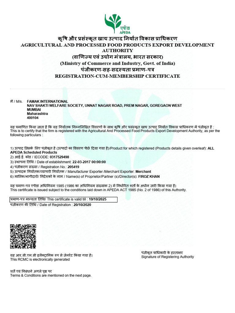 APEDA Registration Certificate for FAMAK International | PDF ...