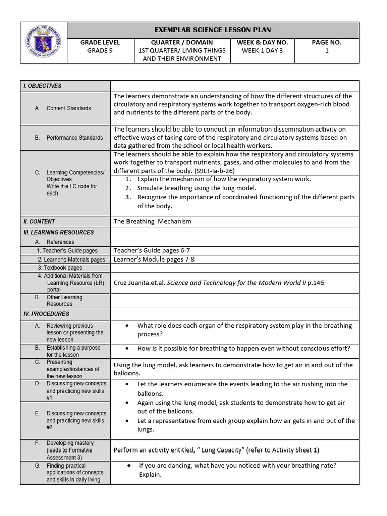 Grade Level Quarter / Domain Week & Day No. Page No.: Exemplar Science ...