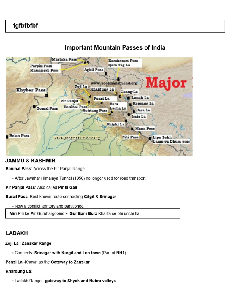 Important Mountain Passes of India Passes in JAMMU & KASHMIR | PDF ...