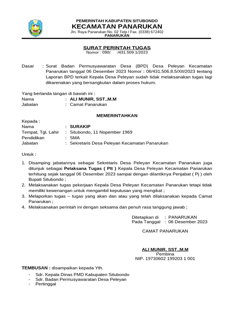Surat Perintah Tugas PLT | PDF