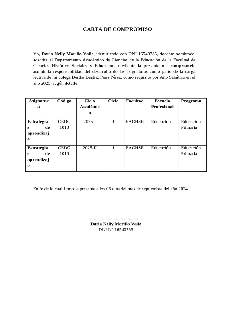 CARTA DE COMPROMISO de Daria Nelly Morillo Valle | PDF