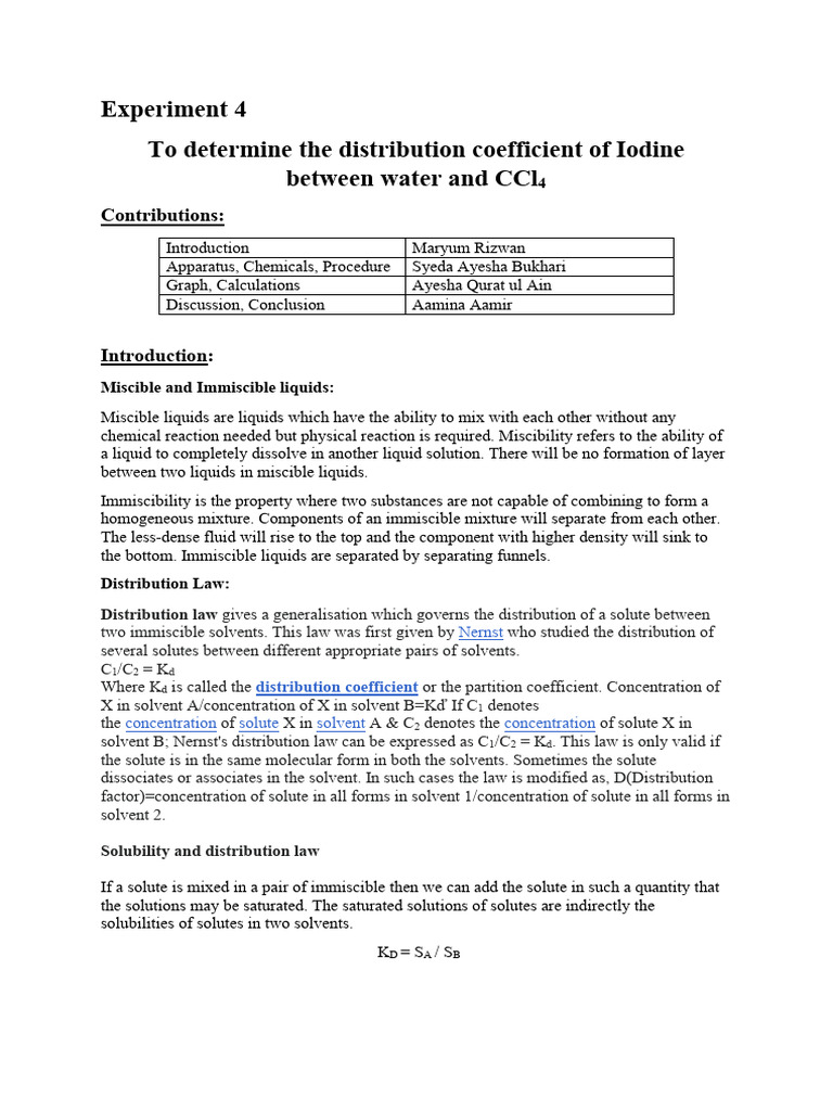 Iodine Partition Coefficient Experiment | PDF | Solubility | Solvent