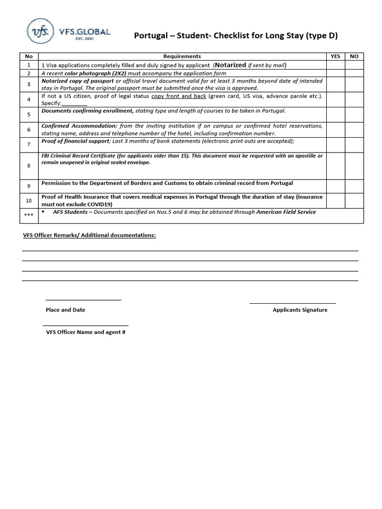 Portugal Student Visa Application Checklist | PDF