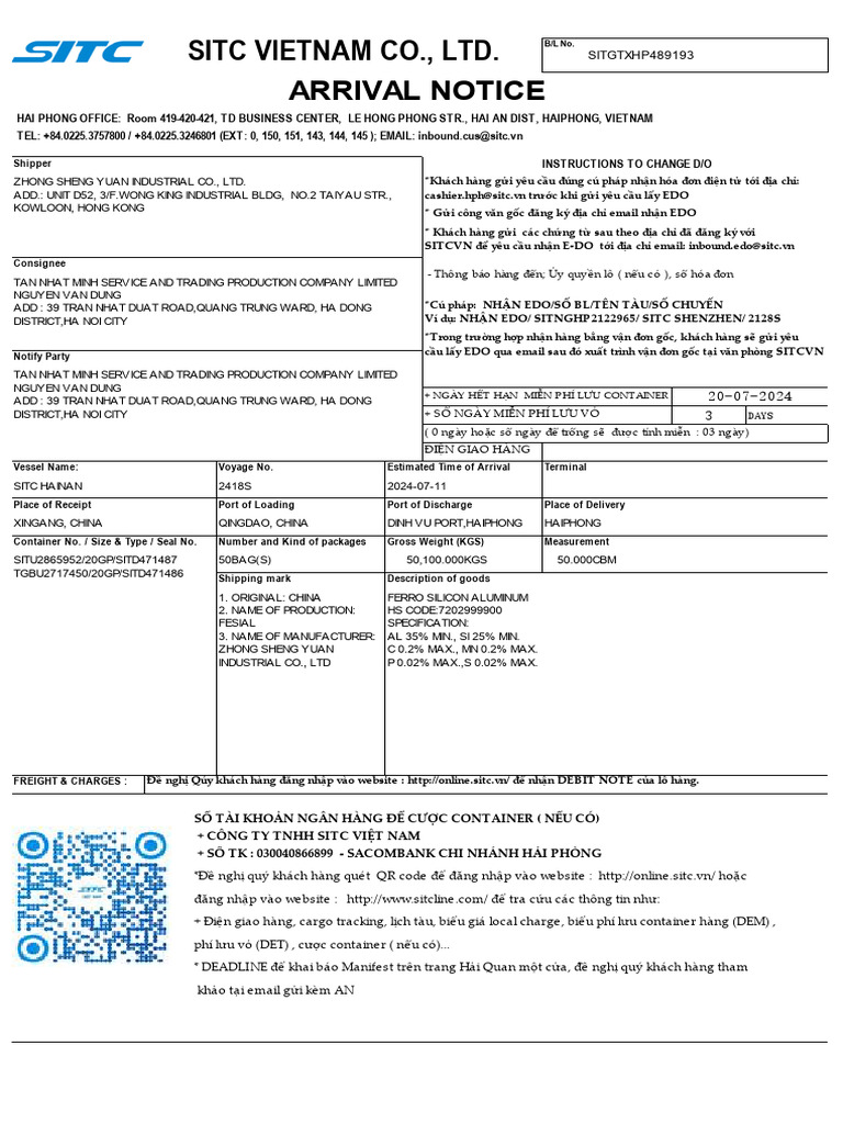 Sitc Vietnam Co., LTD.: Arrival Notice | PDF