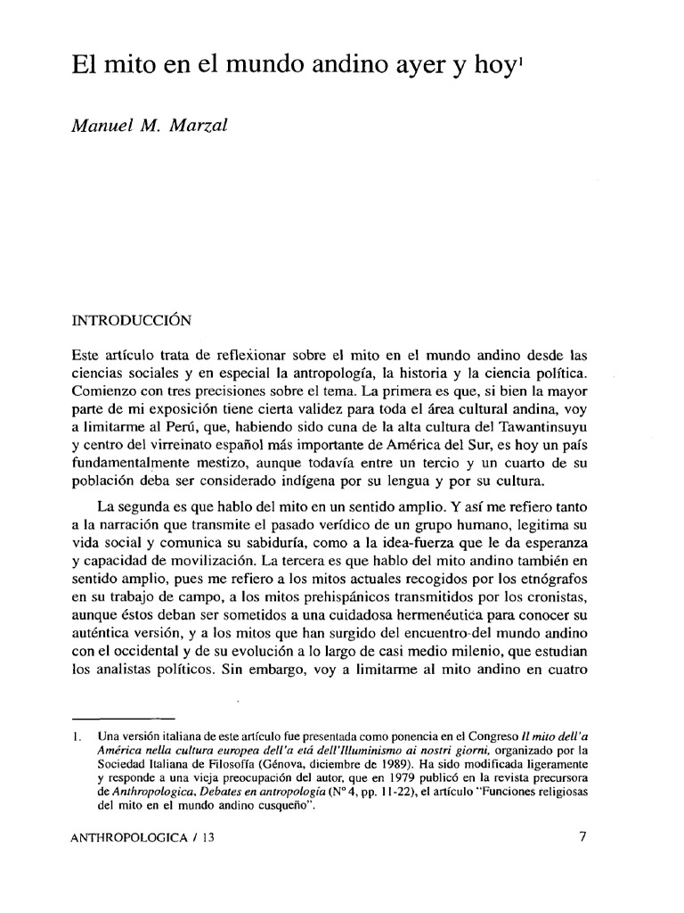 El Mito en El Mundo Andino Fragmento | PDF