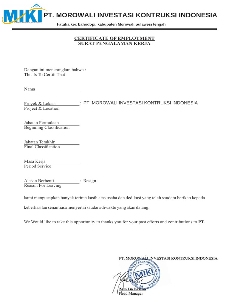 Surat Pengalaman Kerja PT .Miki - Dedy | PDF Surat Pengalaman Kerja PT .Miki - Dedy | PDF