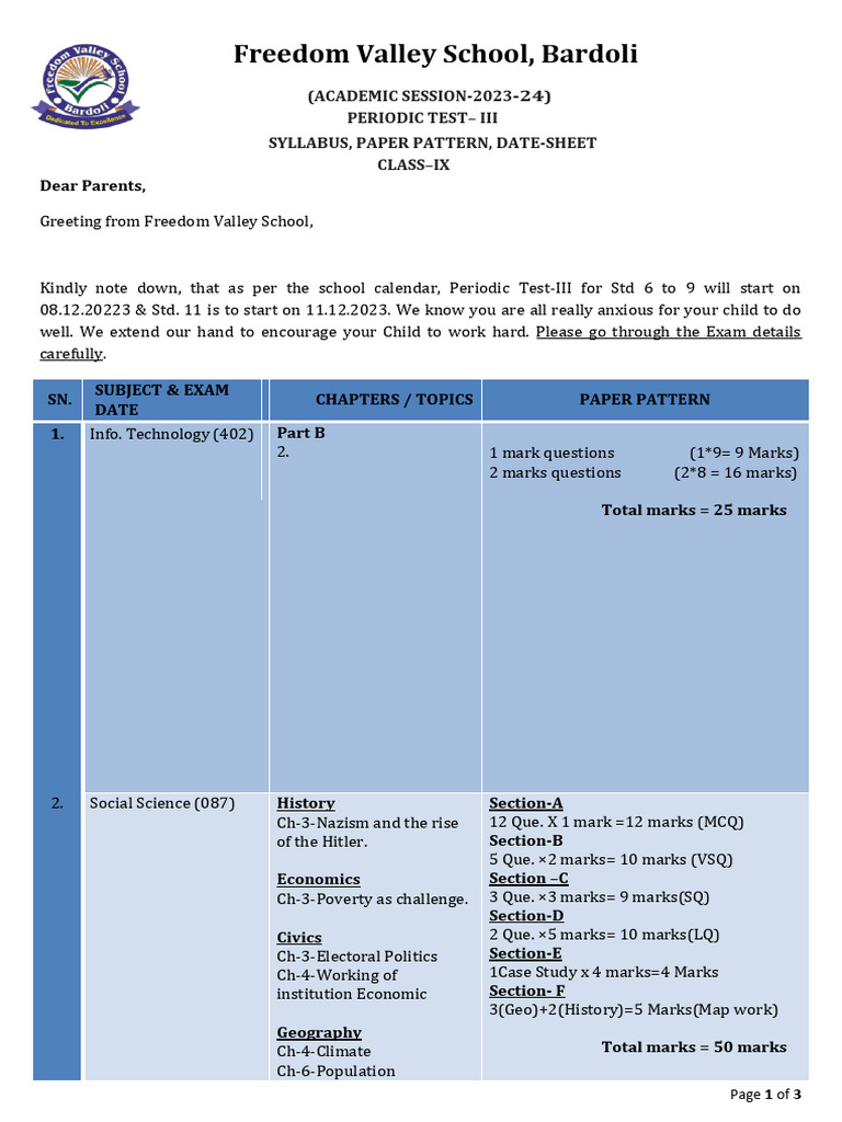Exam-Stud-Circular - Class - IX - Periodic Test-III-2023-24 | PDF ...