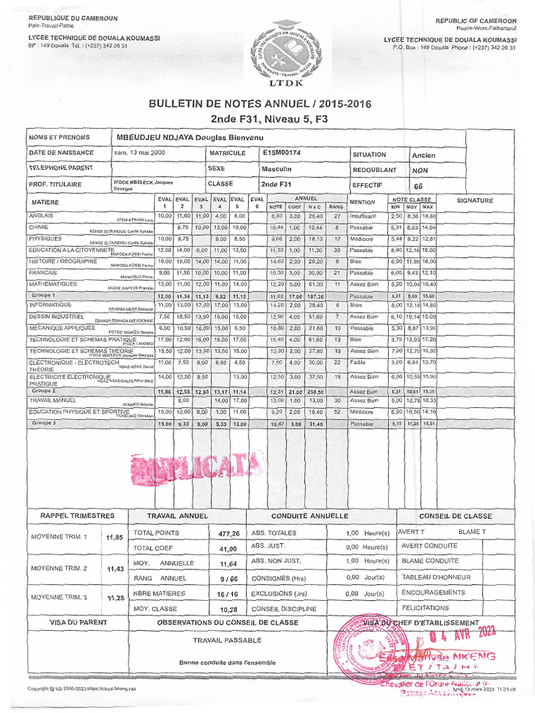 BULLETIN DE NOTE ANNUEL NDJAYA | PDF
