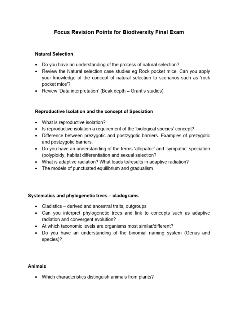 Focus Topics For Biodiversity Final Exam | PDF
