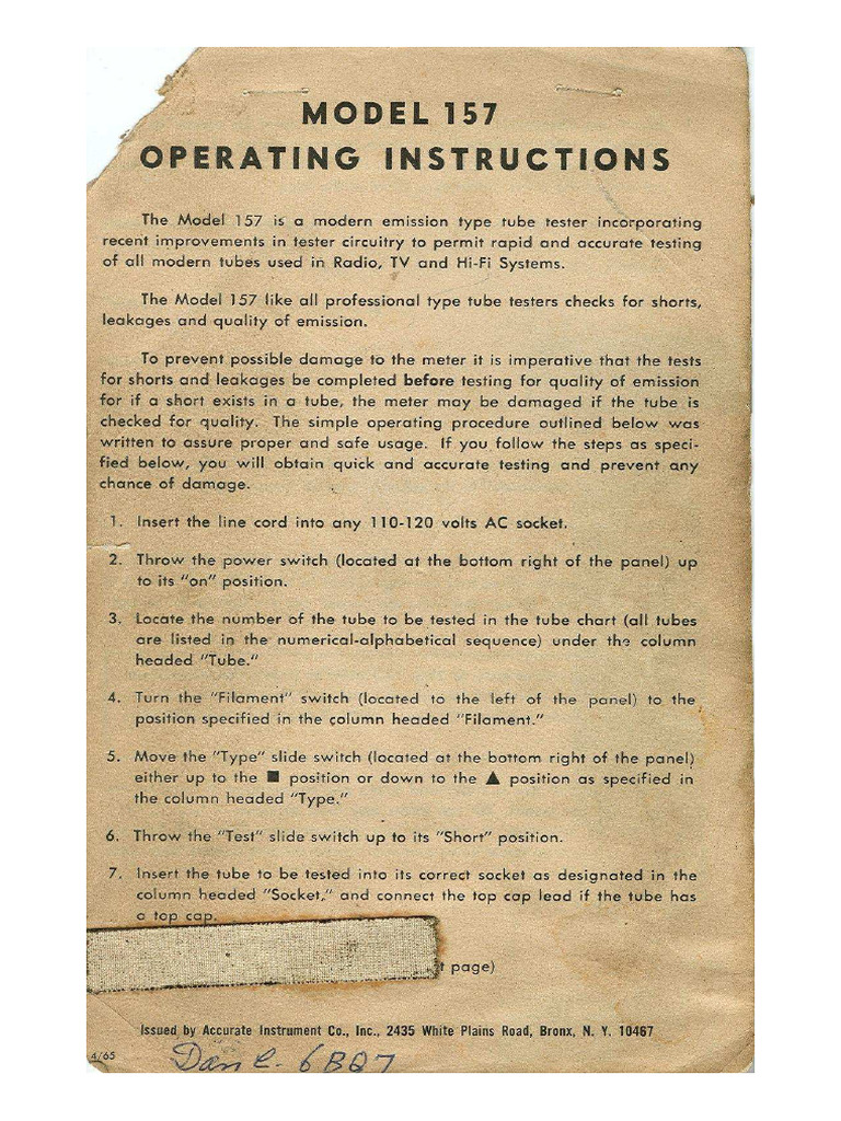 Accurate Instrument Tube Tester 157 Tube Chart 1965-68 SM | PDF