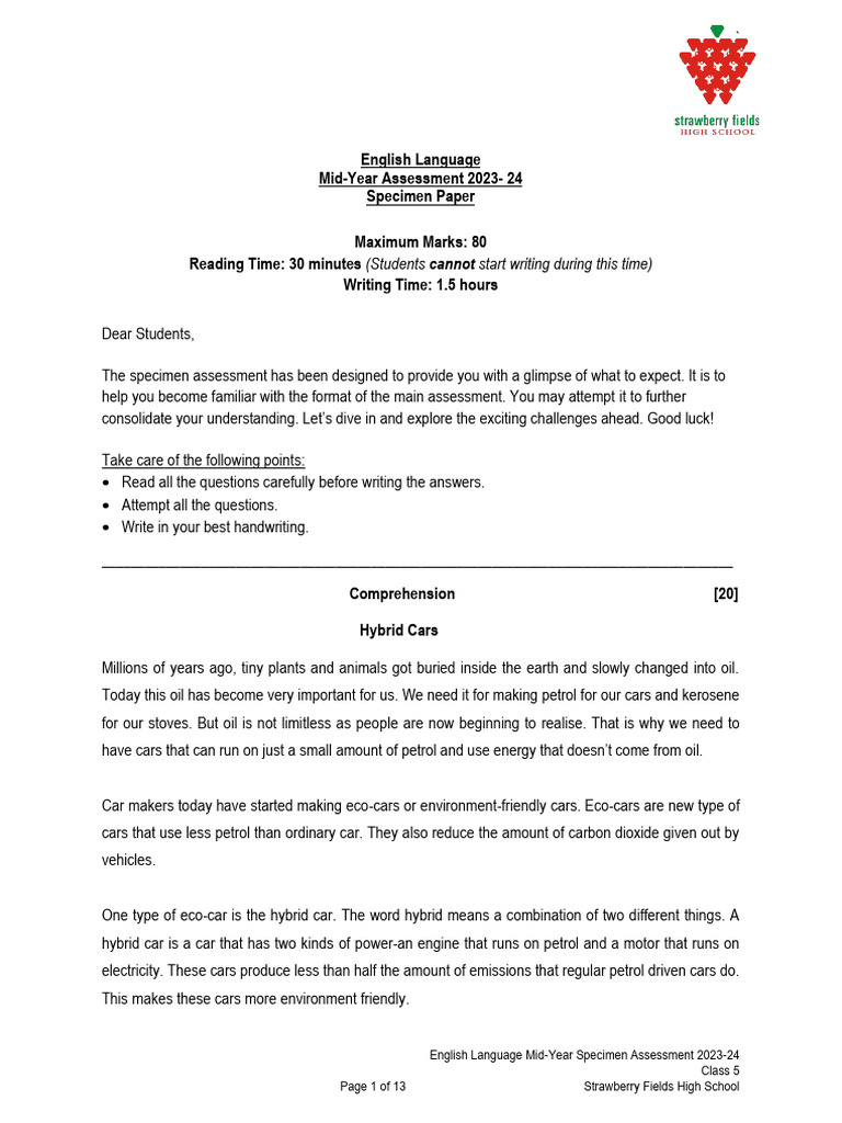 Class 5 English Language Specimen Paper September 2023 | PDF