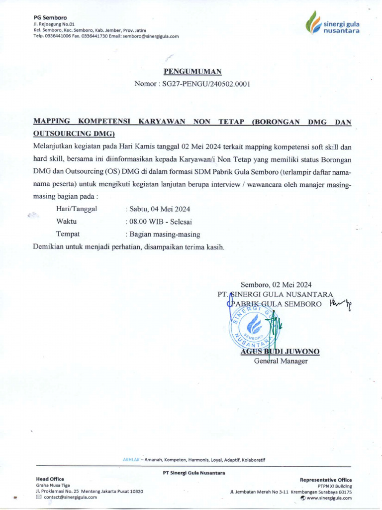 Pengumuman Interview Mapping Kompetensi Karyawan Non Tetap | PDF