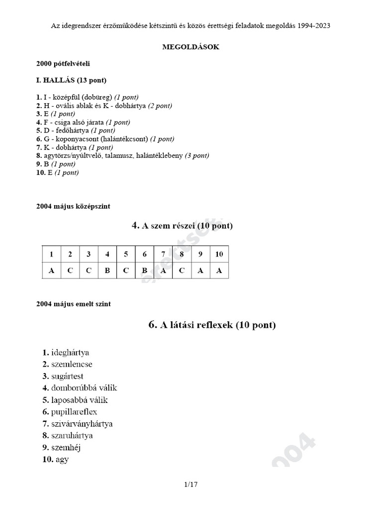 Idegrendszer Erzomukodesek Ketszintu Es Kozos Erettsegi Feladatok 1994 2020 Megoldasok | PDF