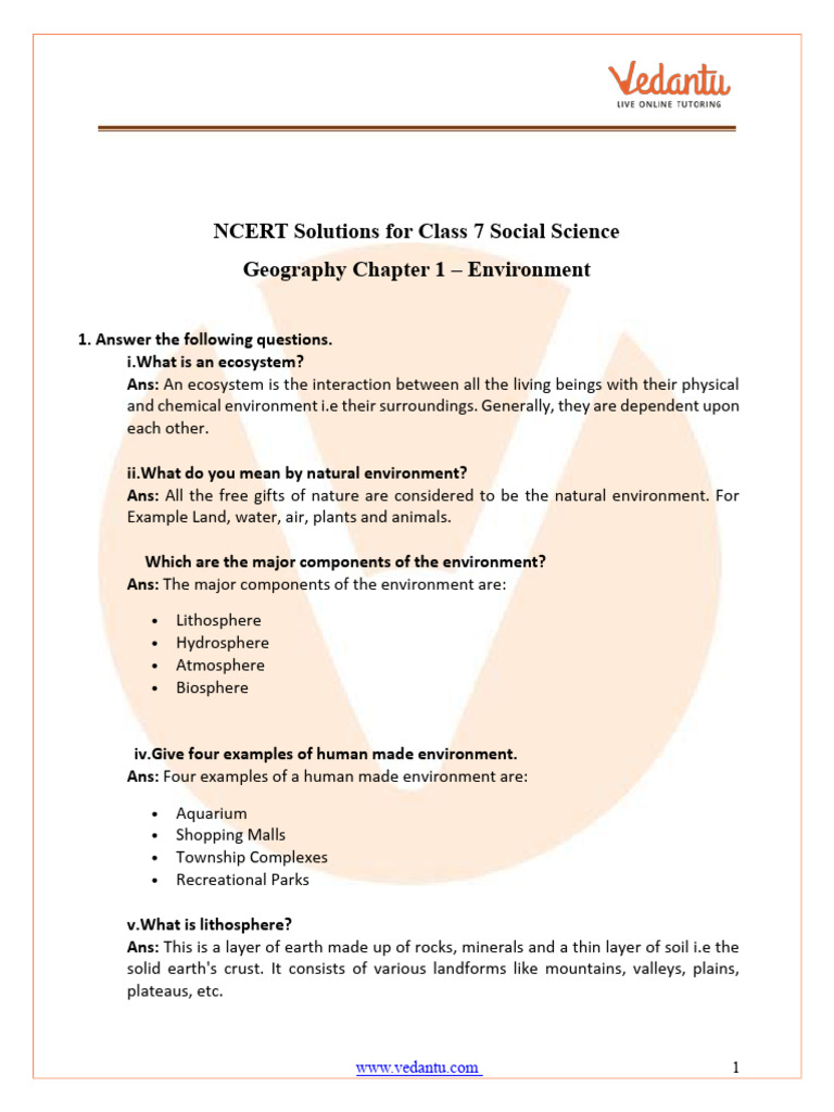 NCERT Solutions for Class 7 Geography Chapter 1 Environment FREE PDF | PDF