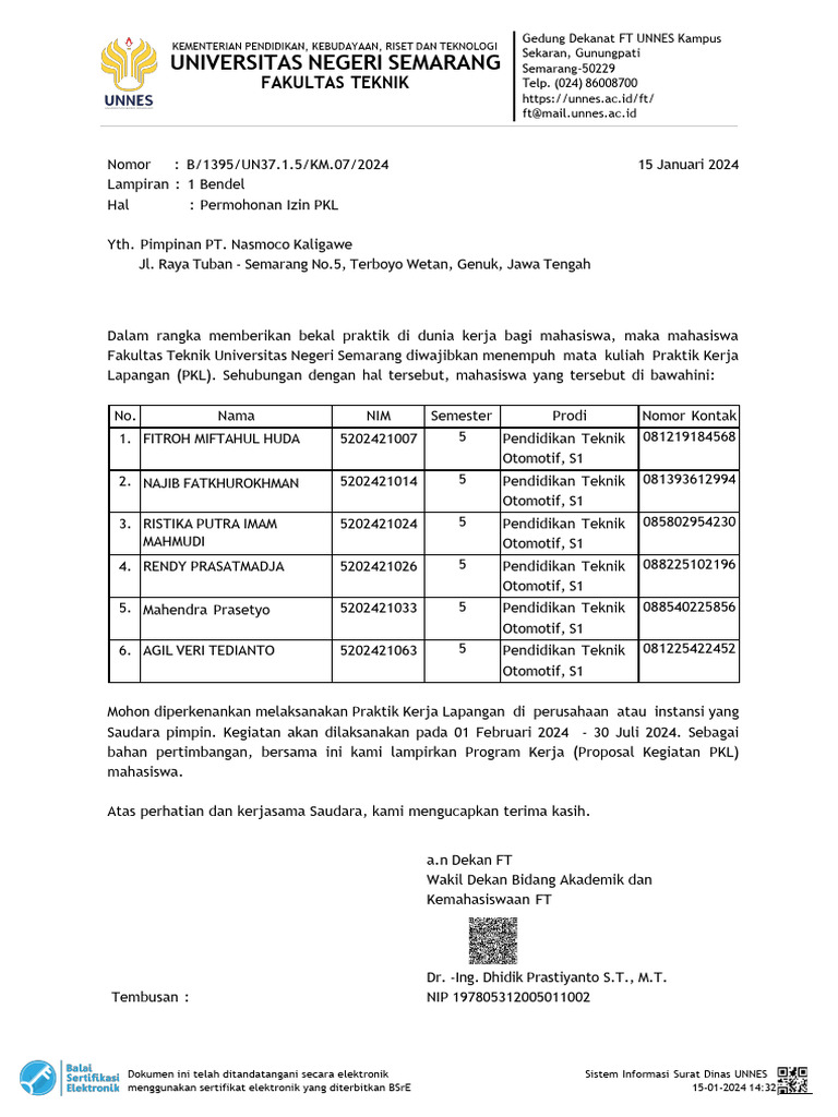 Surat Ijin PKL 1 | PDF
